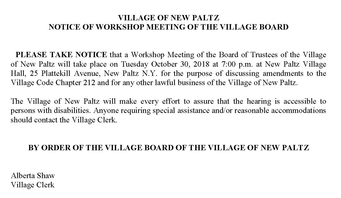10/30/18 Village Board Workshop Meeting • Village of New Paltz